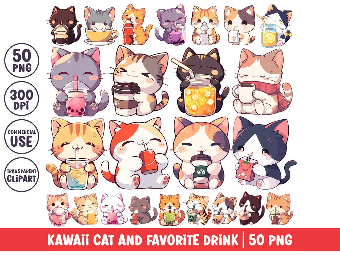 Kawaii Cat and Drink Clipart Cute Kitten PNG Bundle Set Calico Tabby ...
