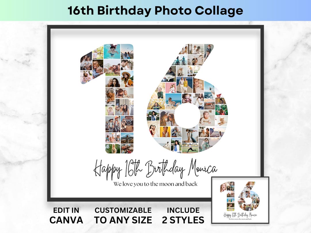 16th Birthday Number 16 Photo Collage Printable Canva Frame Template ...