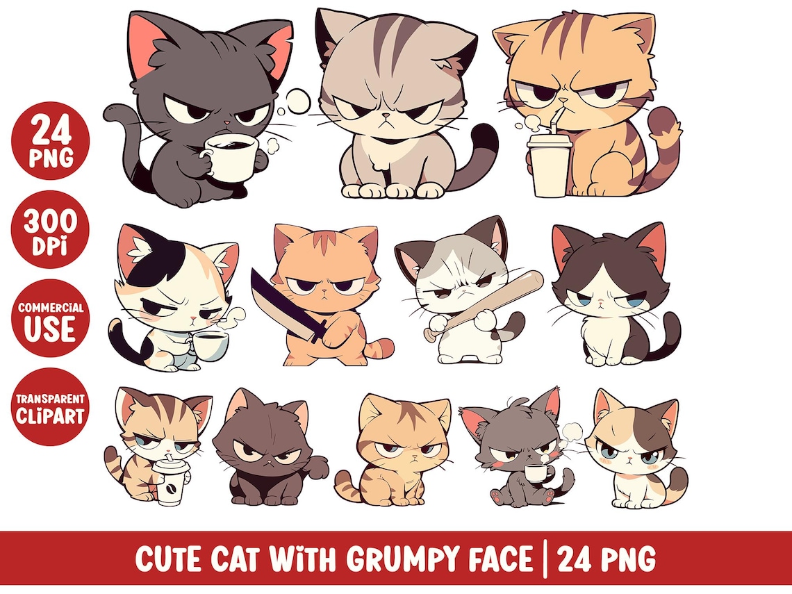 Cute Cat With Grumpy Face Clipart Kawaii Cat PNG Kitty Kitten Cartoon ...
