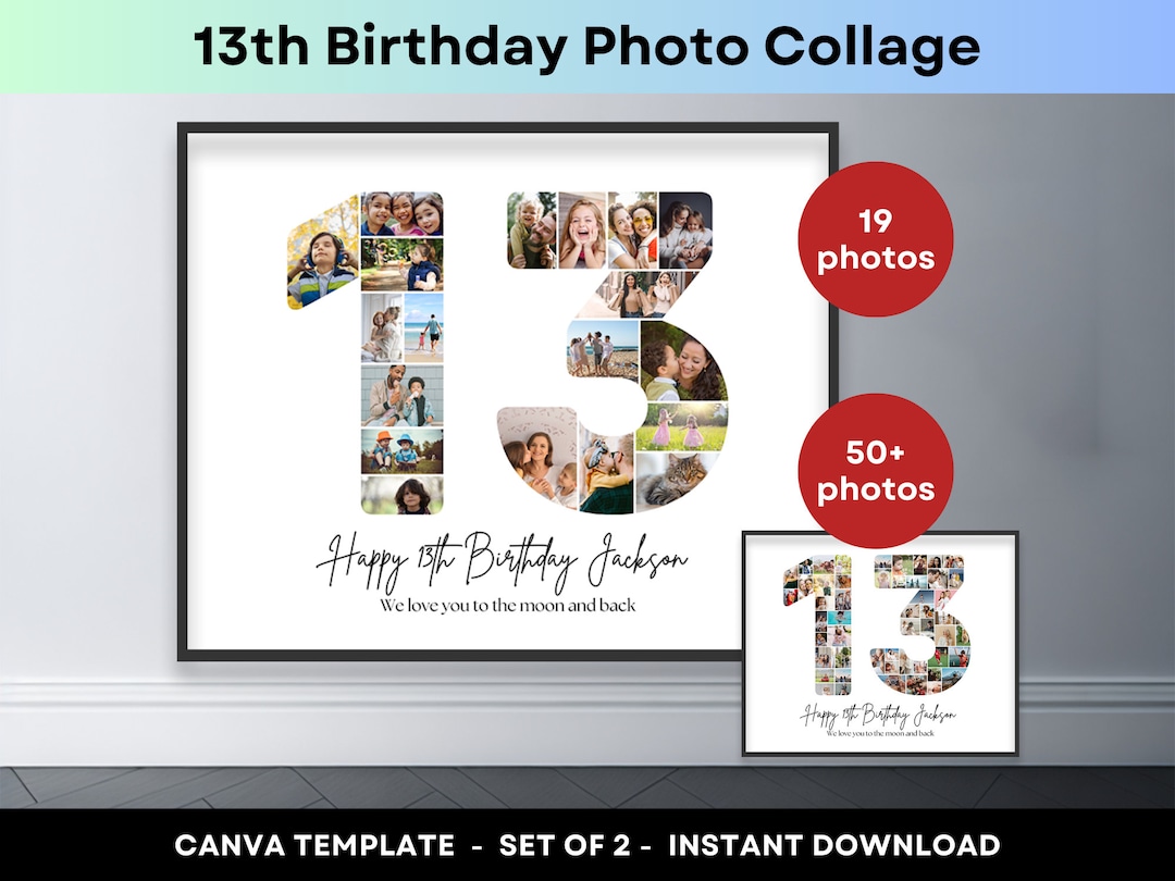13th Birthday Number 13 Photo Collage Printable Canva Frame Template ...