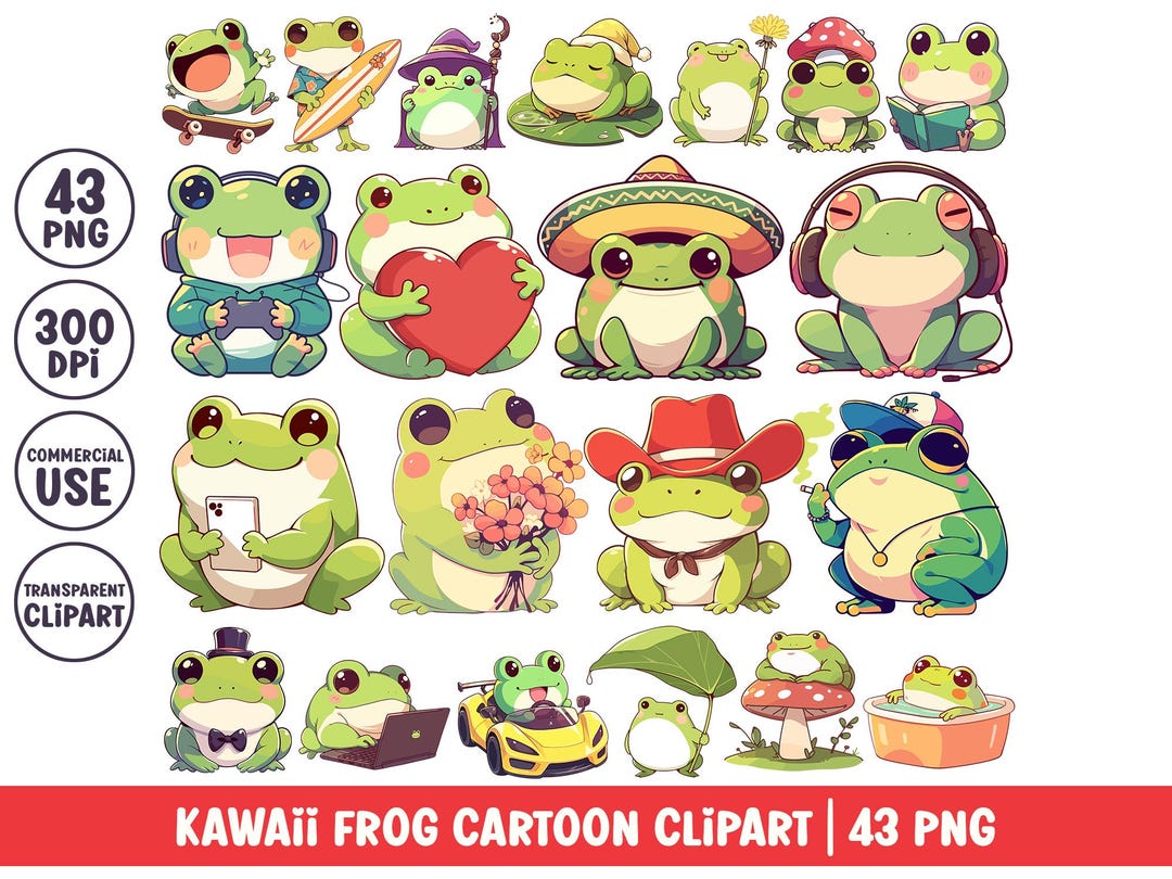 Kawaii Frog Clipart Cute Frog PNG Bundle Set Watercolor Illustration ...
