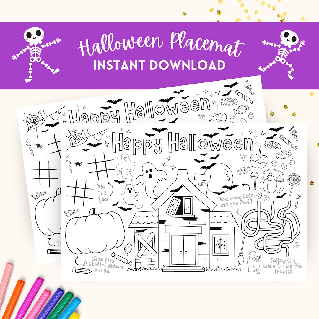 Halloween Coloring Page Placemat for Kids, Halloween Party Activity ...