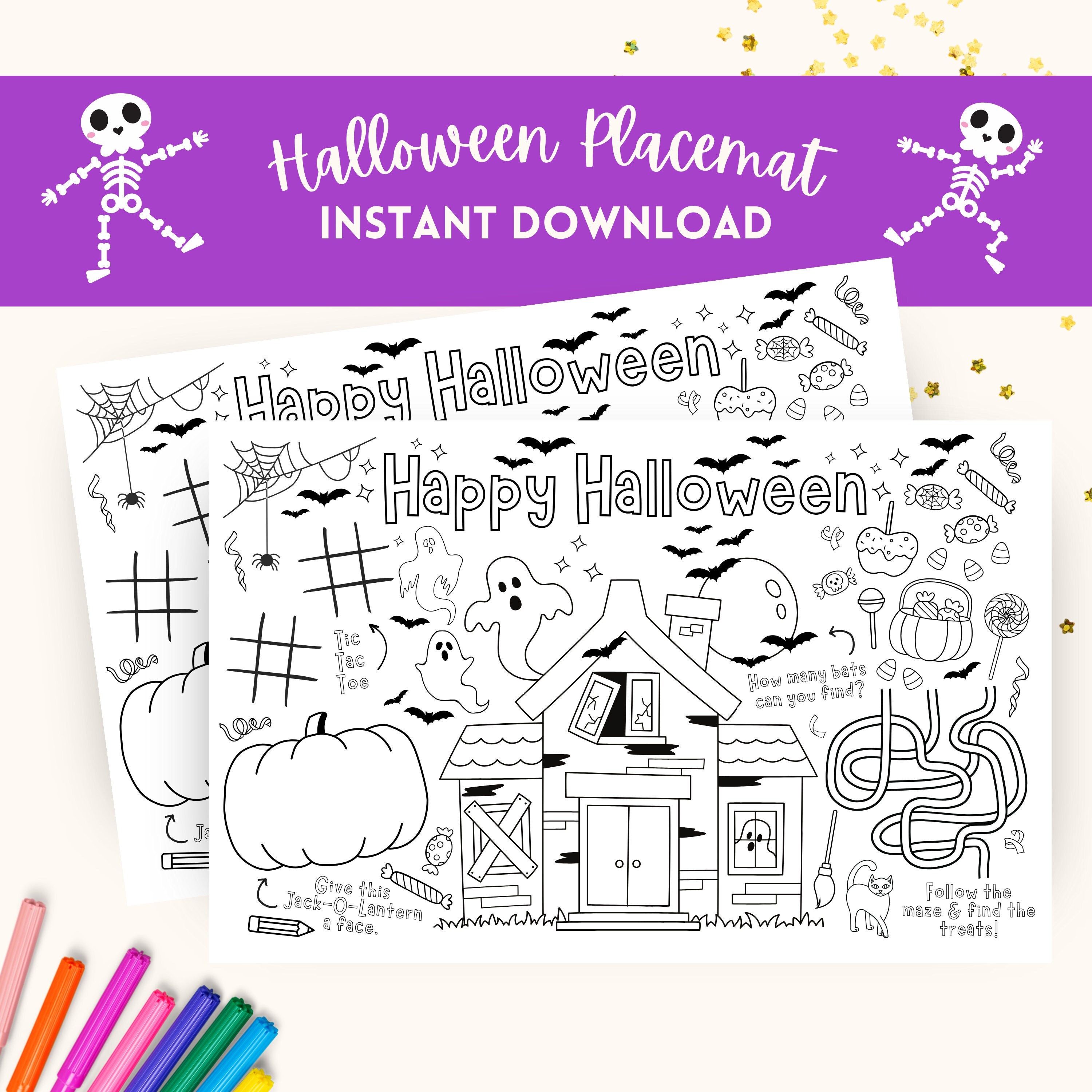 Halloween Coloring Page Placemat for Kids, Halloween Party Activity ...