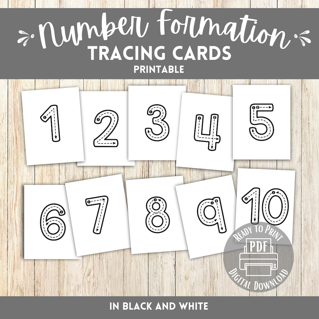 Number Formation Tracing Cards Printable, Black and White, Instant ...