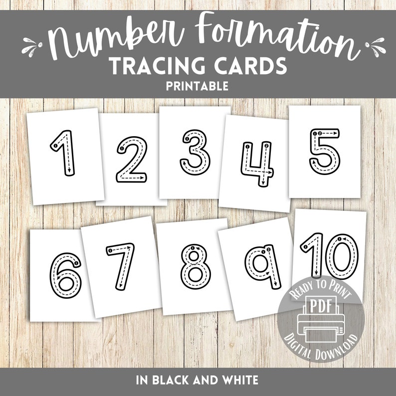 Number Formation Tracing Cards Printable, Black and White, Instant ...