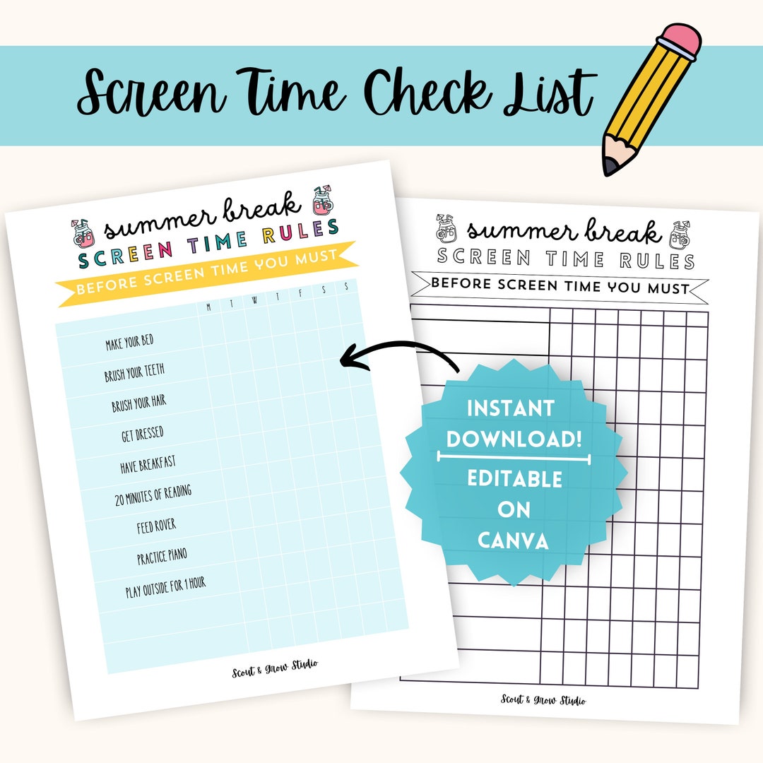 Screen Time Chore Chart, EDITABLE Instant Download, Screen Time Check ...
