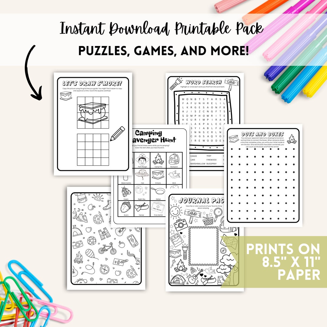Camping Activities for Kids Coloring Pages Puzzles & Games Printable ...