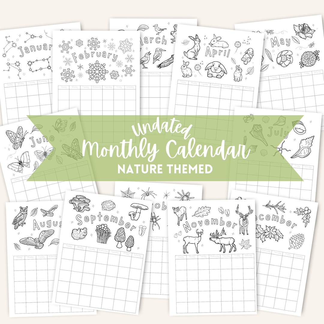 Undated Calendar for Kids, Nature Themed Coloring Printable, Homeschool ...