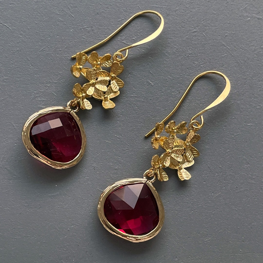 Ruby Red Dangle Earrings With Gold Flowers, July Birthstone - Etsy UK