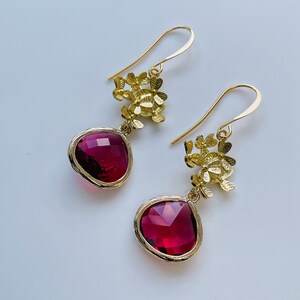 Ruby Red Dangle Earrings With Gold Flowers, July Birthstone - Etsy UK