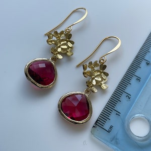 Ruby Red Dangle Earrings With Gold Flowers, July Birthstone - Etsy UK