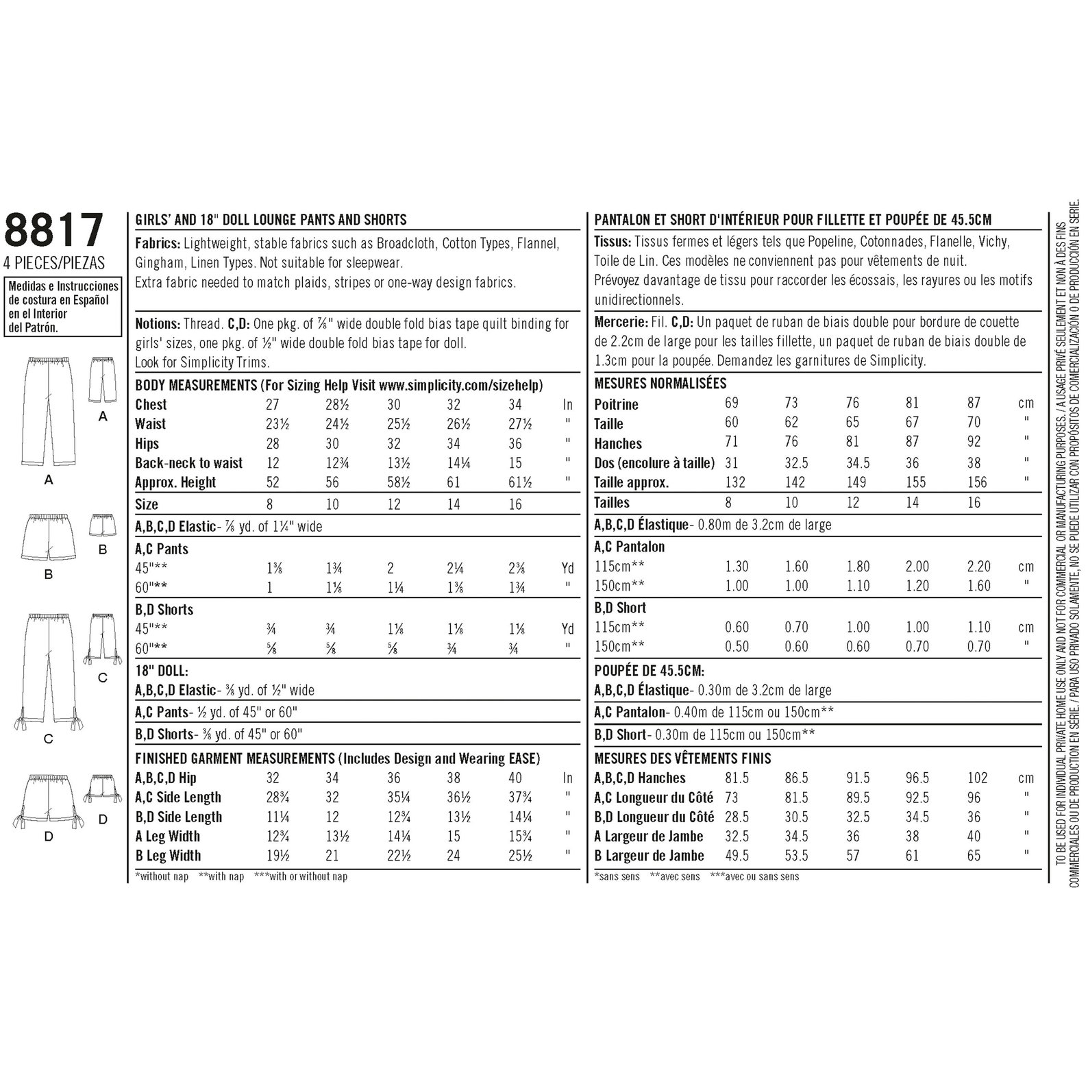 Simplicity Pattern 8817 Girls and 18 Doll Lounge Pants | Etsy