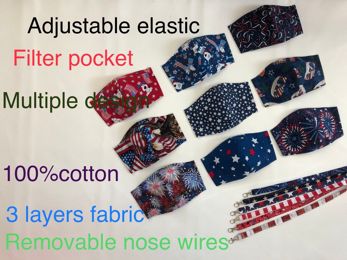4th of July Patriotic Face Mask | 3 Layers W/filter Pocket | Removble ...