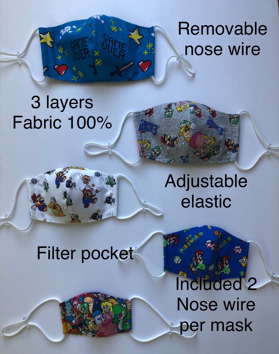 Super Mario Face Mask 3 Layers W/filter Pocket Removable Nose Wire ...