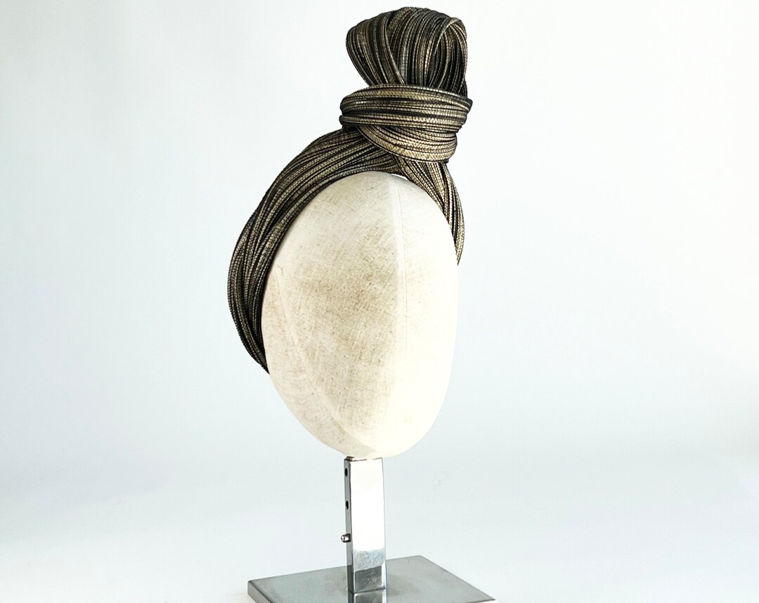 Sculptural Buntal Turban Headpiece in Black and Tan - Size M/L - One of ...
