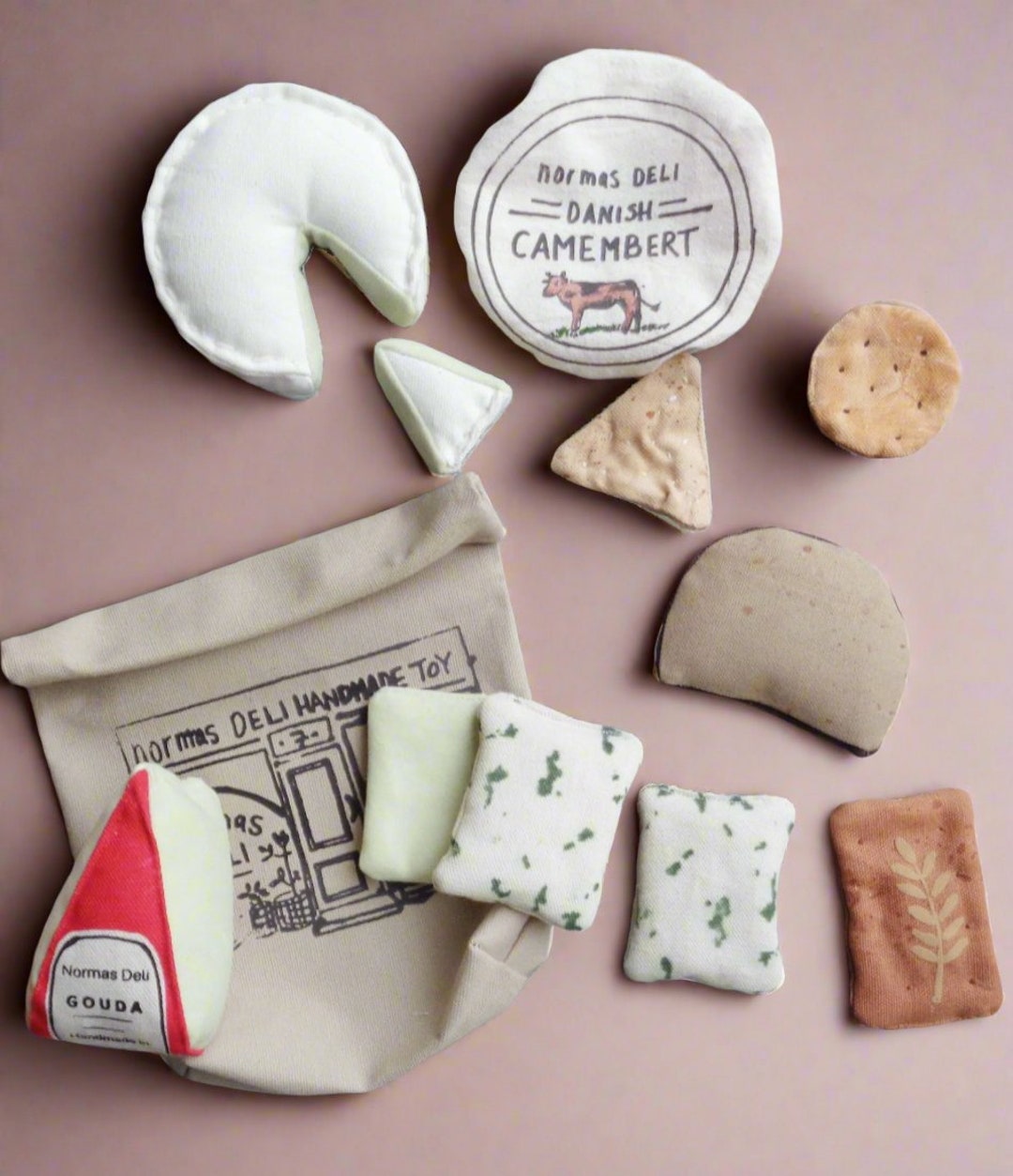 Pretend Cheese and Crackers Plush Toy Set Children Handmade Roleplay ...