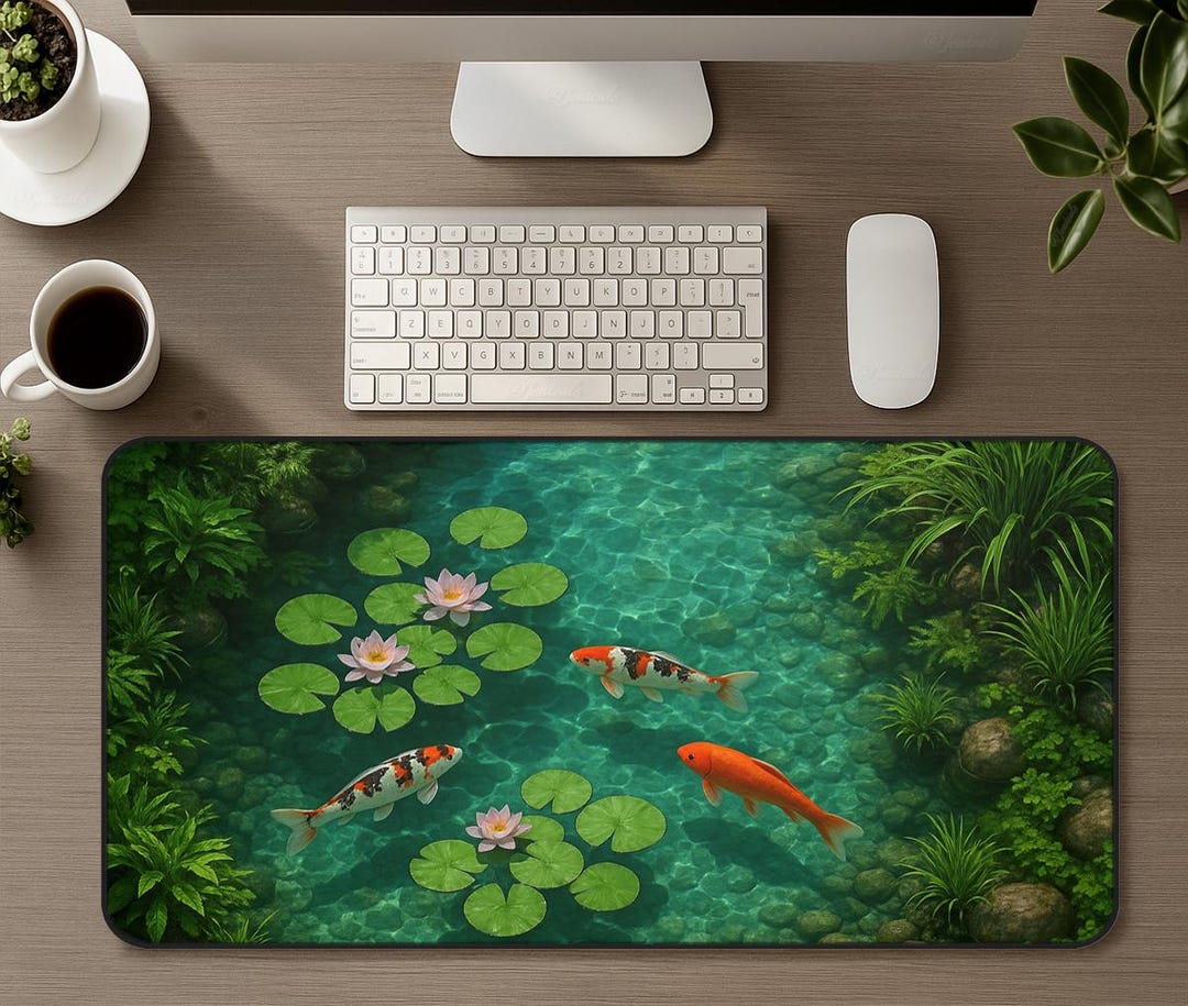 Lush Koi Pond Desk Mat, Zen Lilypads, Tranquil Fish Large Workspace ...