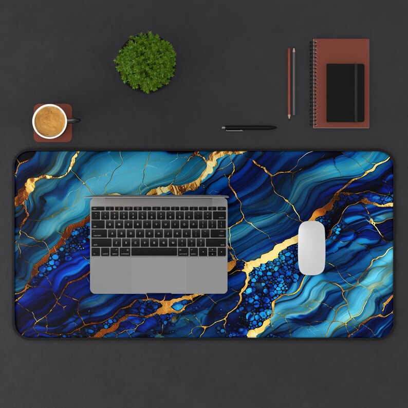 Blue Gold Marble Look Desk Mat: Abstract Agate Neoprene Luxe Mousepad ...