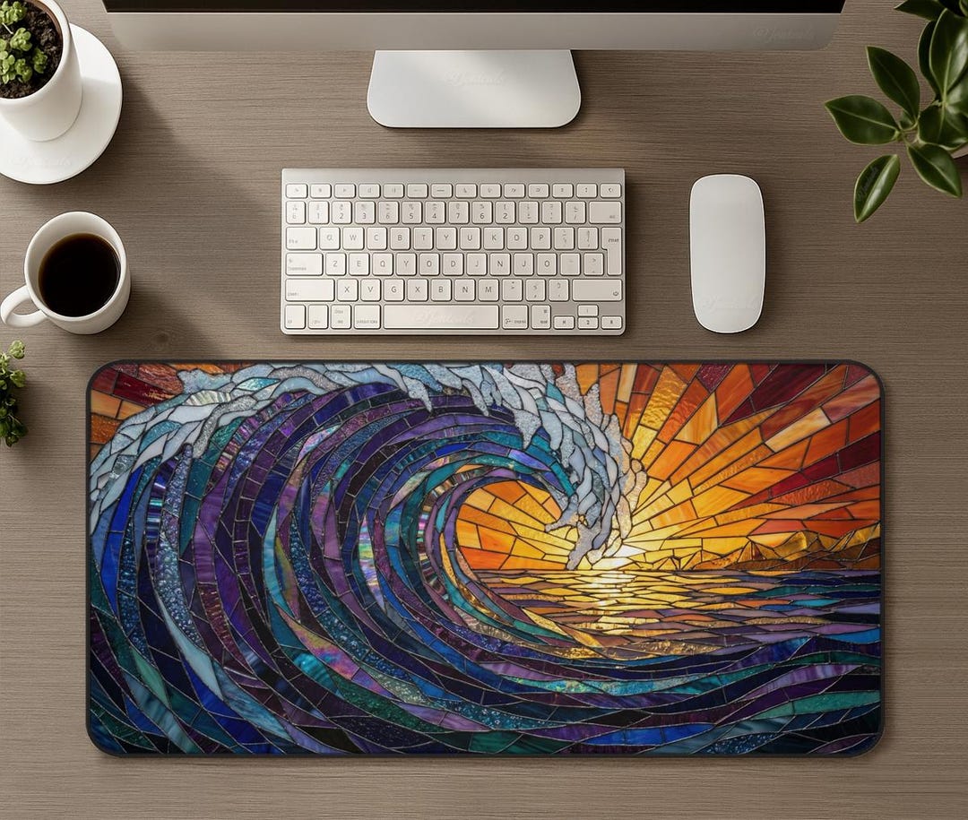 Stained Glass Look Ocean Wave Desk Mat, Sea Art Decor Large Mouse Pad ...