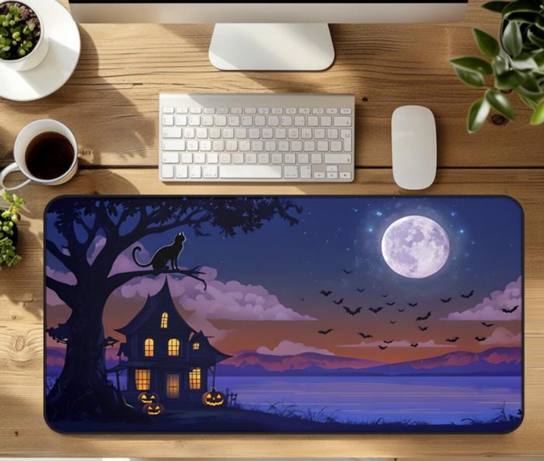 Haunted House Desk Mat: Spooky Halloween Decor, Black Cat & Bats - Etsy ...