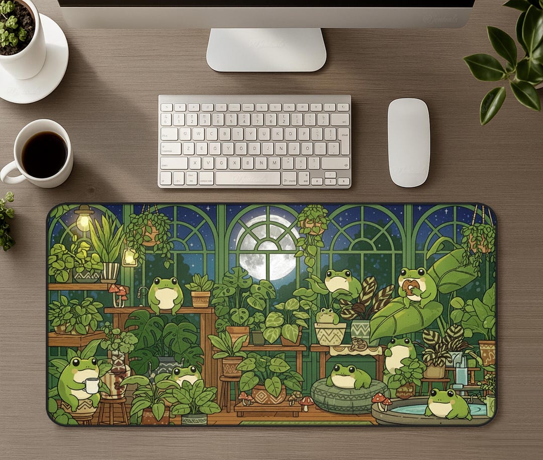 Cozy Cottagecore Frog Desk Mat, Aesthetic Greenhouse XL Mousepad With ...