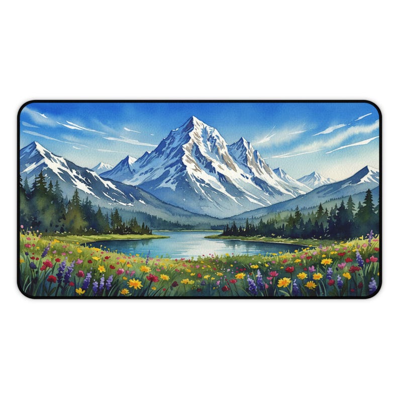 Watercolor Style Mountain Desk Mat, Oversized Nature Landscape Mouse ...
