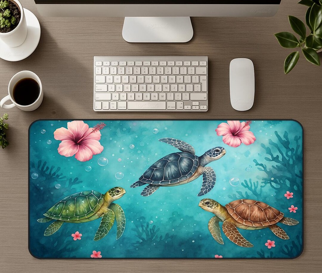 Watercolor Style Sea Turtle XL Desk Mat, Ocean Mouse Pad, Coastal ...