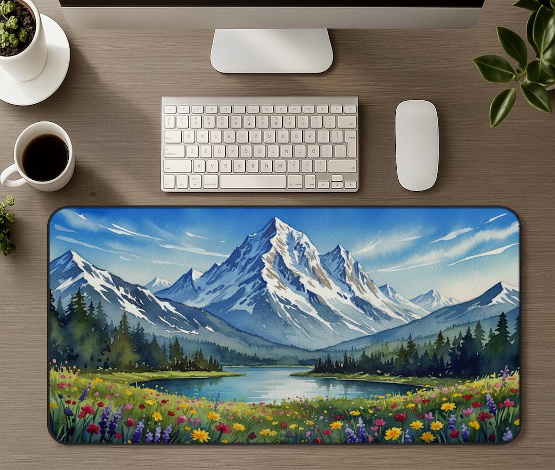 Watercolor Style Mountain Desk Mat, Oversized Nature Landscape Mouse ...
