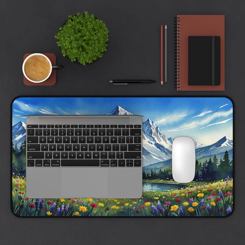 Watercolor Style Mountain Desk Mat, Oversized Nature Landscape Mouse ...