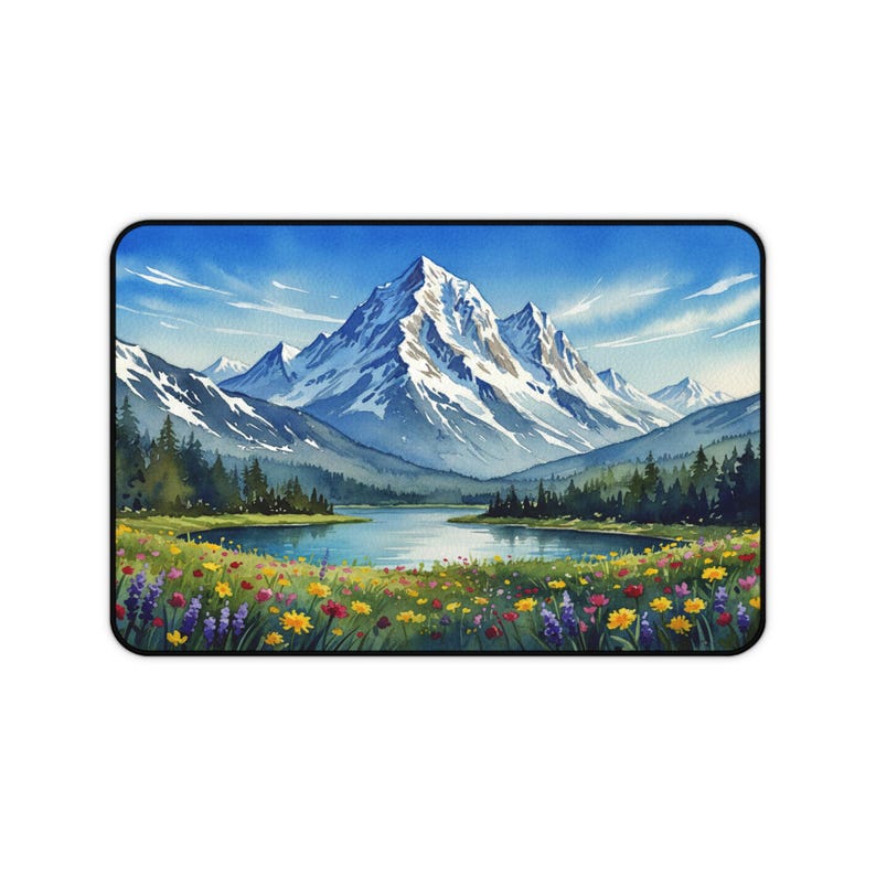 Watercolor Style Mountain Desk Mat, Oversized Nature Landscape Mouse ...