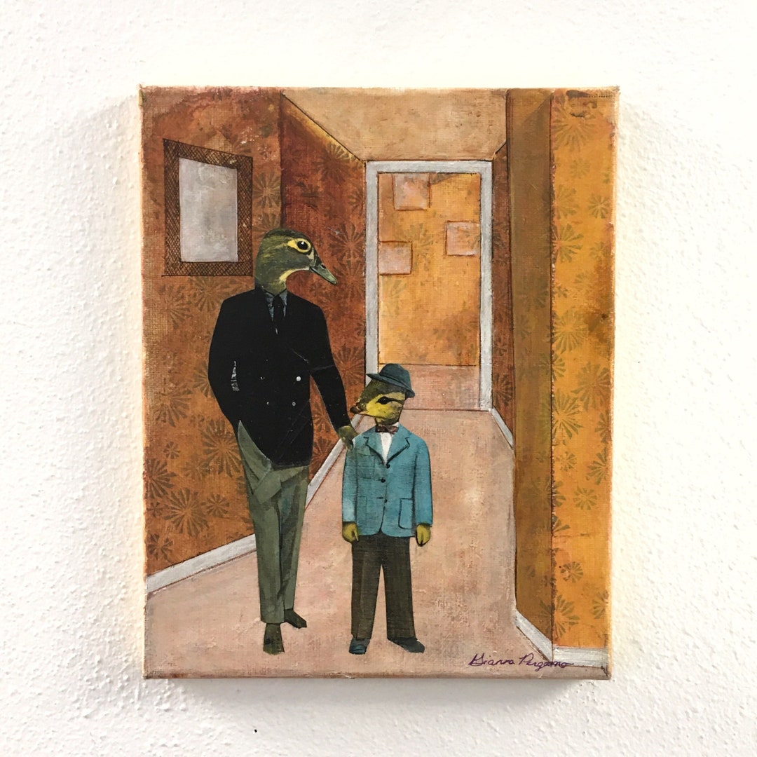 Office Ducks Painting, Original Animal Gift, Collage Wall Art, Mixed ...