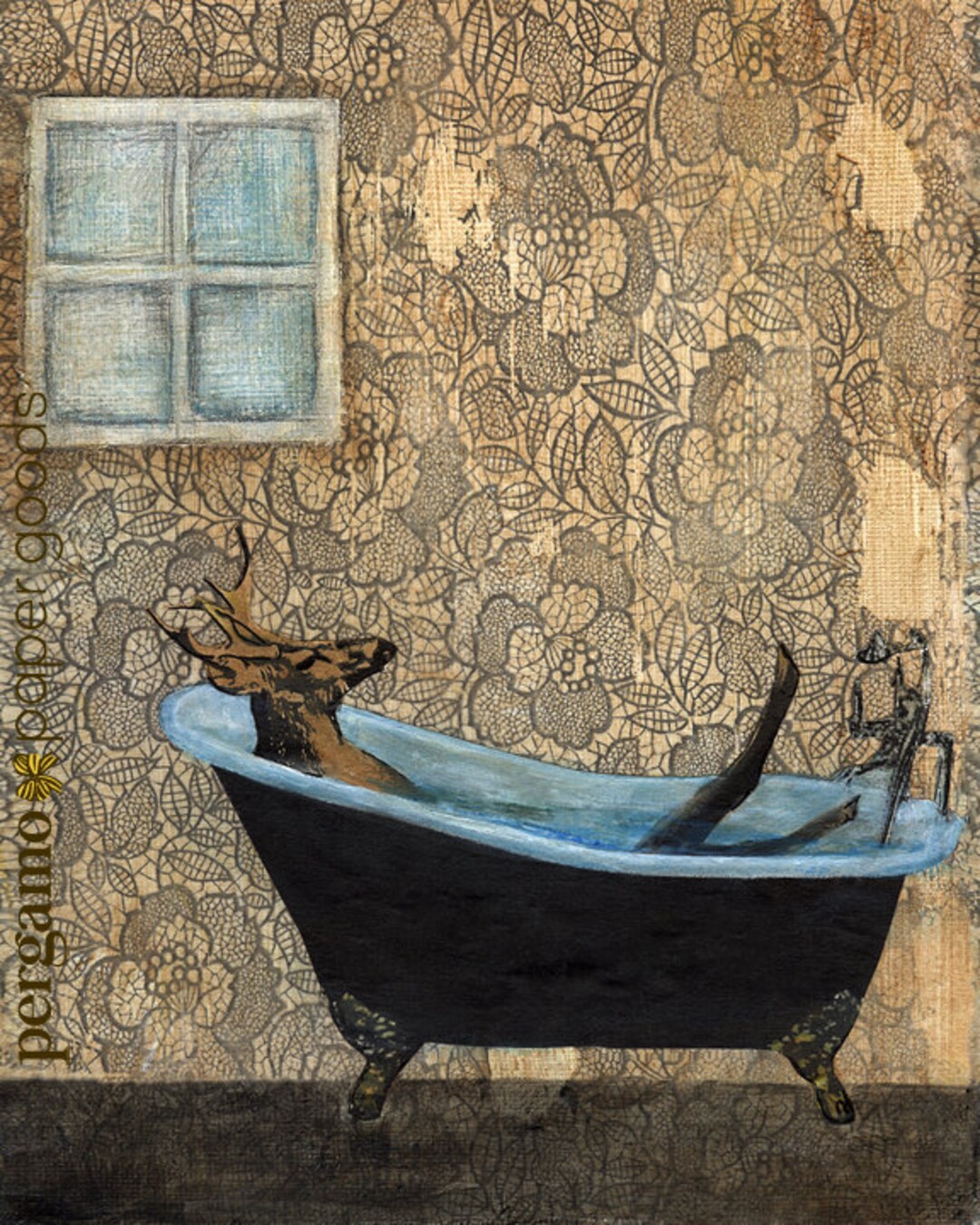 Animal Bathroom Art Print, 8x10" Bath Deer in Bathtub Tub, Vintage Home ...