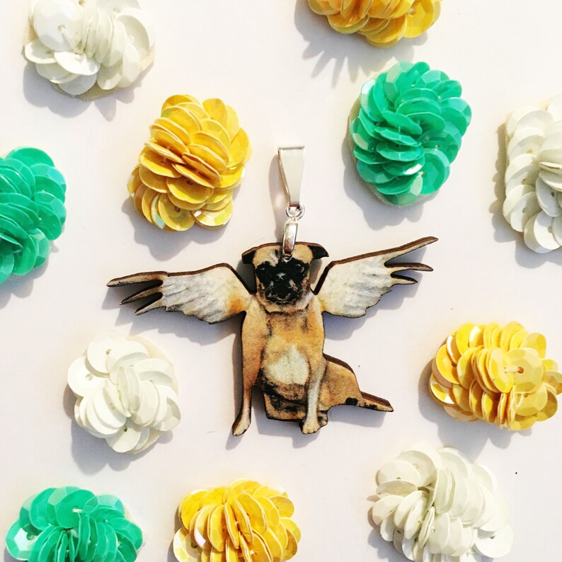 Pug Pendant Angel Pug Jewelry Dog Brooch Laser Cut Wood - Etsy
