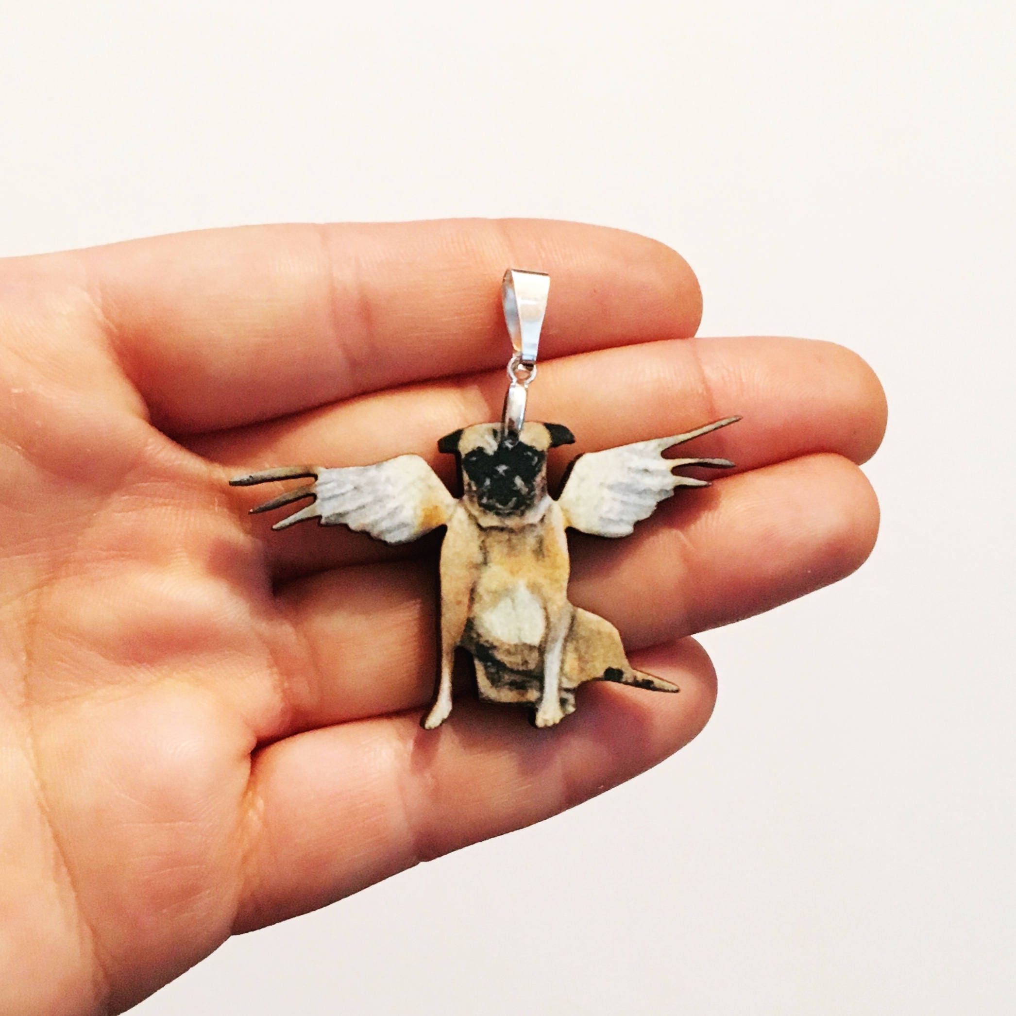 Pug Pendant | Angel Pug Jewelry | Dog Brooch | Laser Cut Wood Animal ...