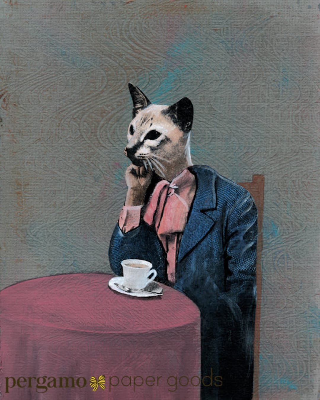 Cat Art Print, 8x10" Retro Coffee Cat Tea Kitty Handmade Collage, Weird ...