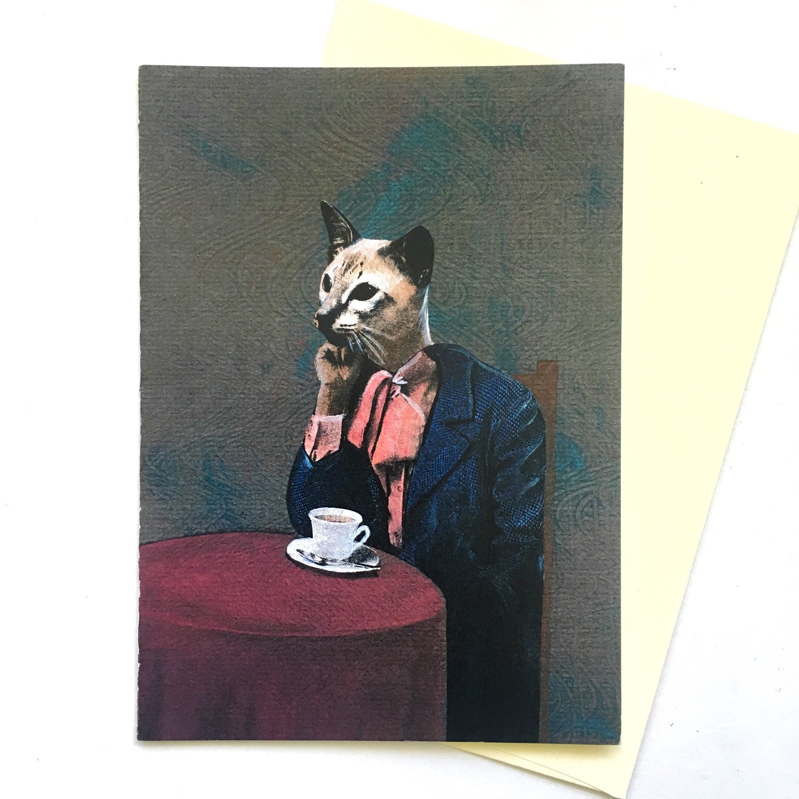 Retro Cat Card Blank Weird Cats Stationery Tea Coffee Animal - Etsy