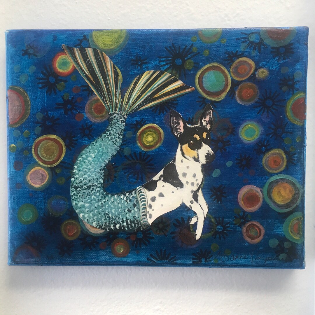 Mermaid Dog Painting, Mermaid Painting, Original Mixed Media Weird Dog ...