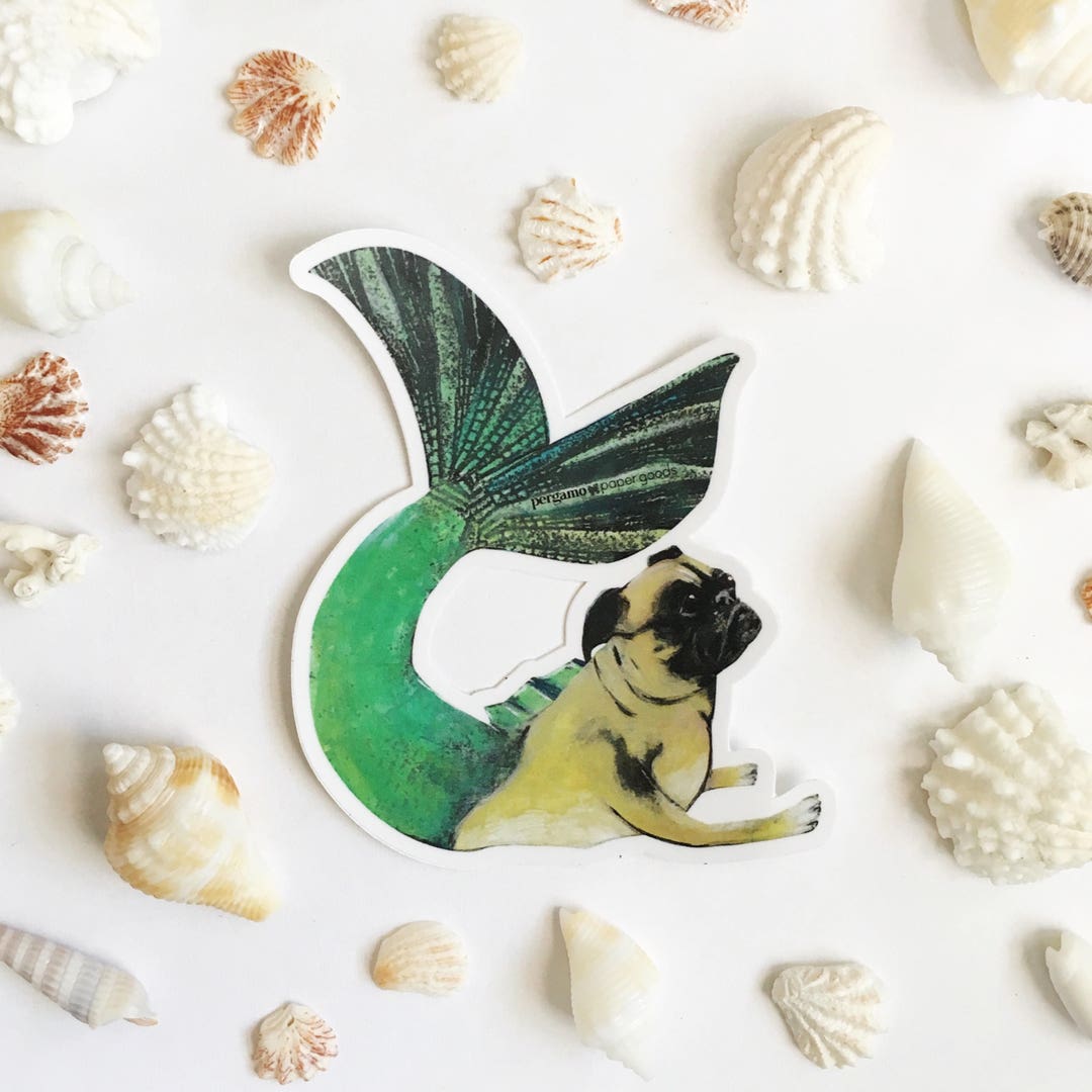 Mermaid Pug Sticker, Dog Mermaid Stickers, Laptop VSCO Vinyl Decals ...