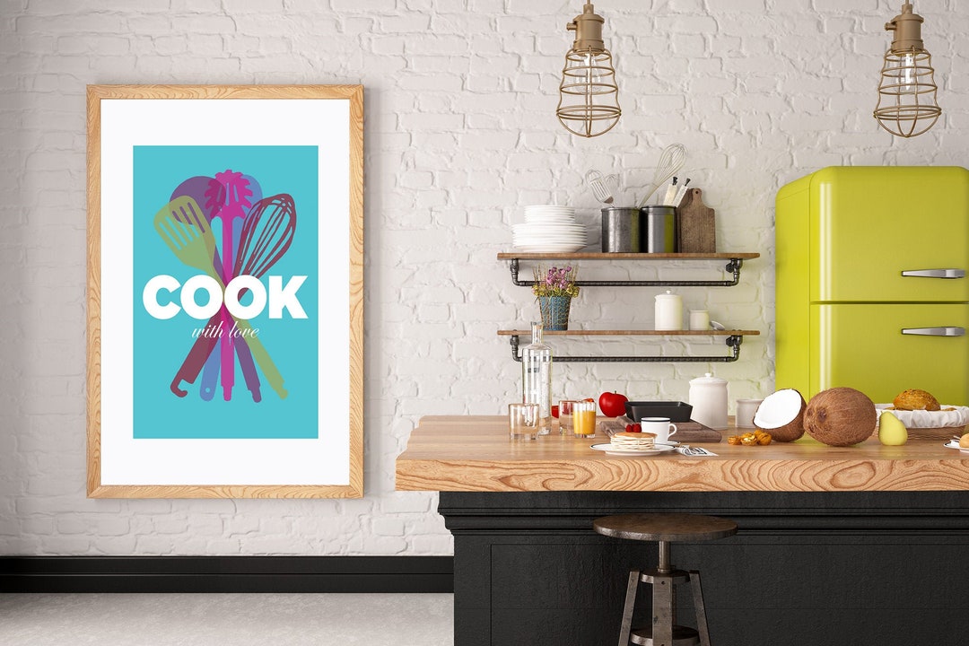 Mid Century Kitchen Utensil Art Chef Gift, Cook With Love Kitchen ...