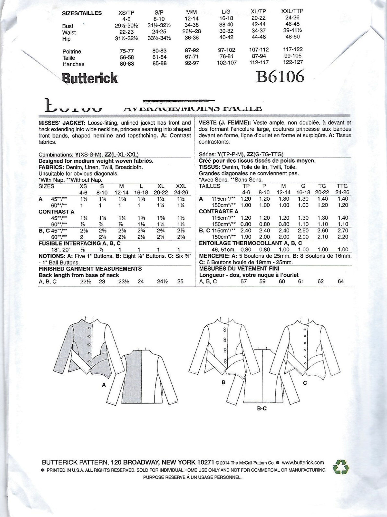 Butterick B6024 Sewing Pattern for Misses Loose Fitting - Etsy