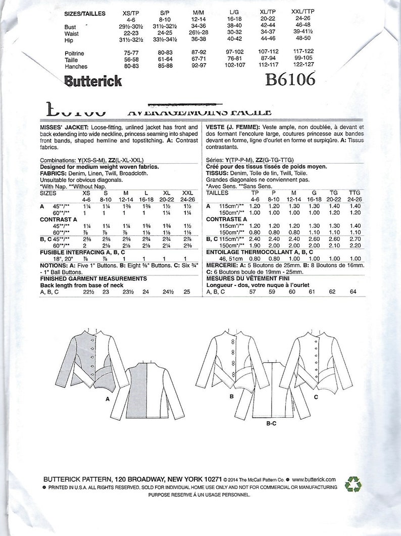 Butterick B6024 Sewing Pattern for Misses Loose Fitting - Etsy