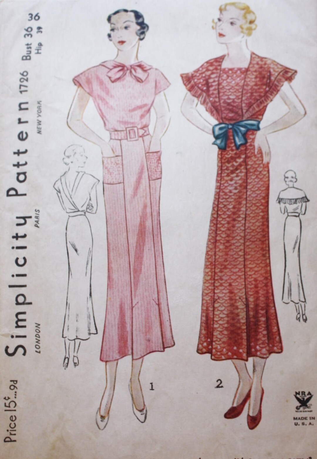 Evening Dress Sewing Pattern, Simplicity 1726, Art Deco Gown, 1930s ...