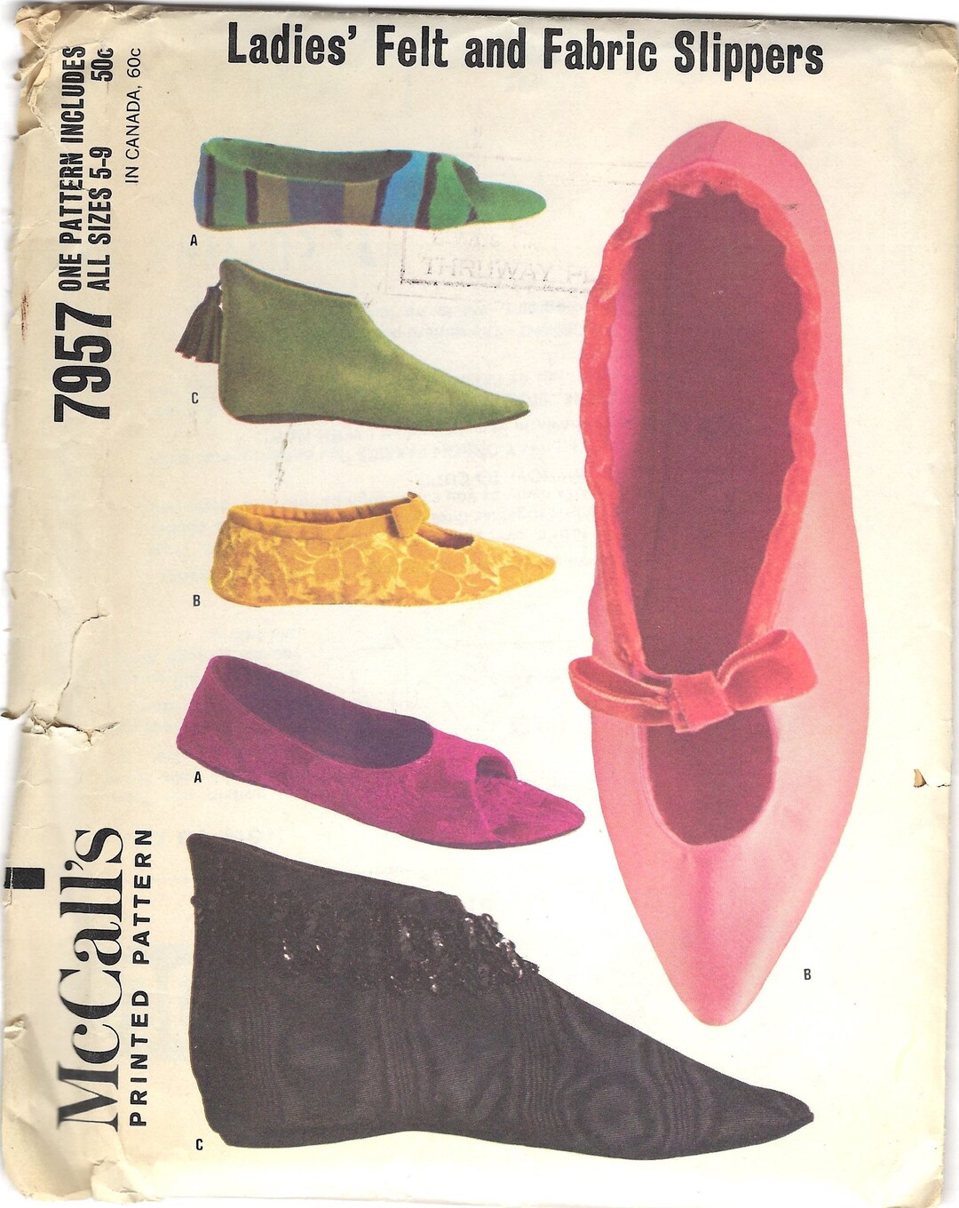 1960s Felt and Fabric Slippers Sewing Pattern, Mccalls 7957, Ladies ...