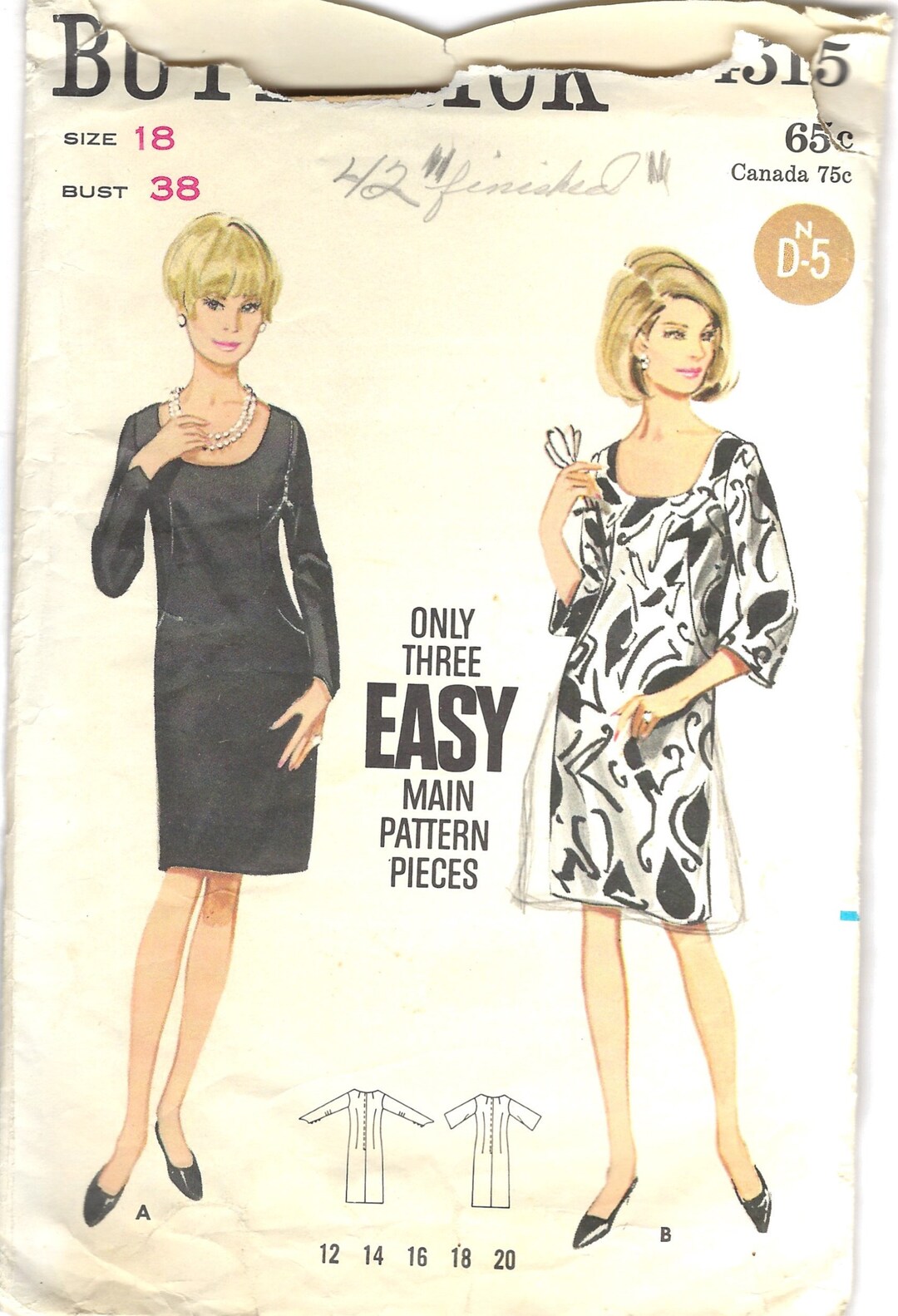 Vintage 1965 Simplicity 5876 UNCUT Sewing Pattern Misses' One-piece Dress With Detachable Collar ...