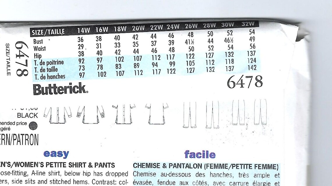Butterick 6478: Plus Size Shirt and Pants Sewing Pattern (uncut) - Etsy