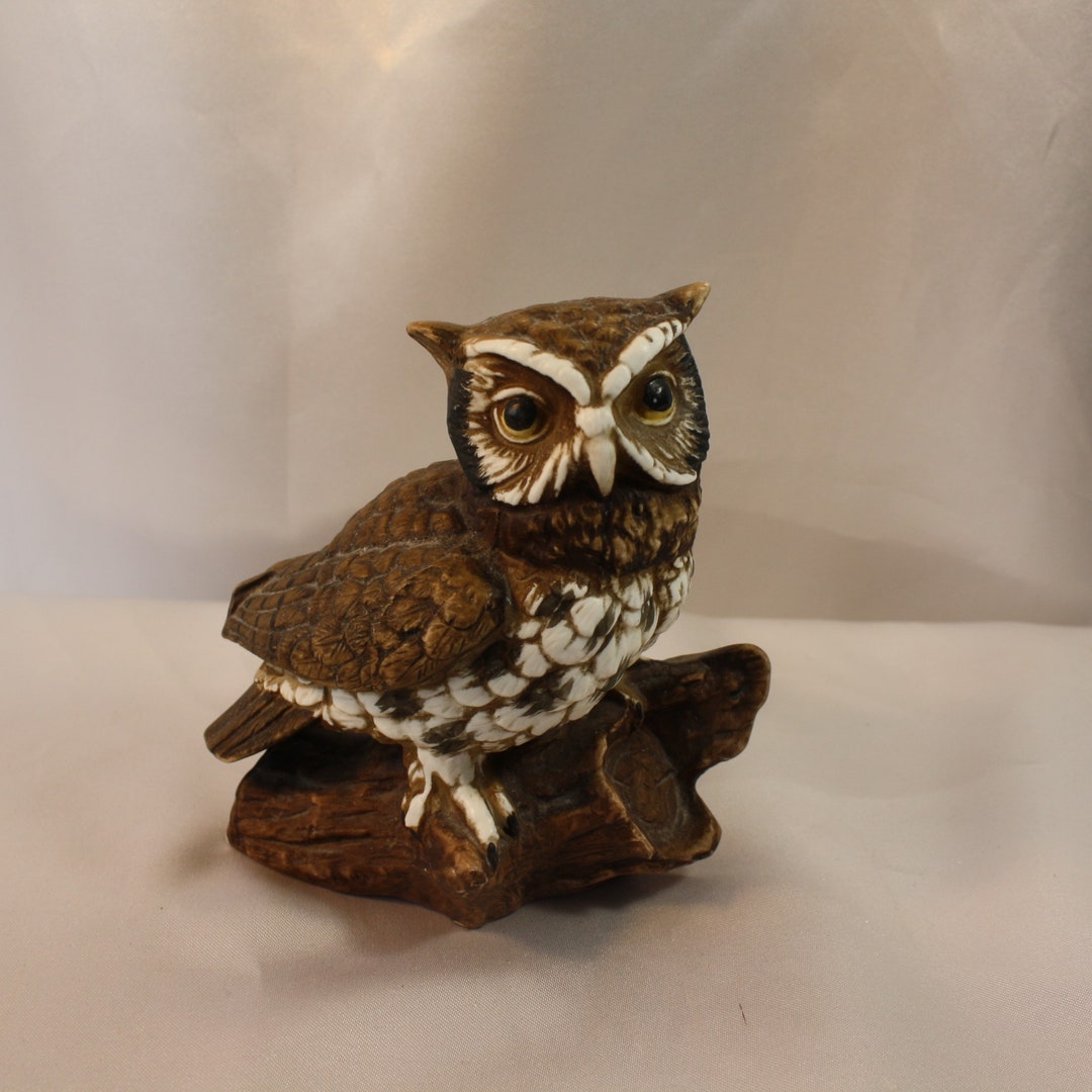 Vintage Great Horned Owl on Log Figurine Ceramic Porcelain Homco 1114 ...