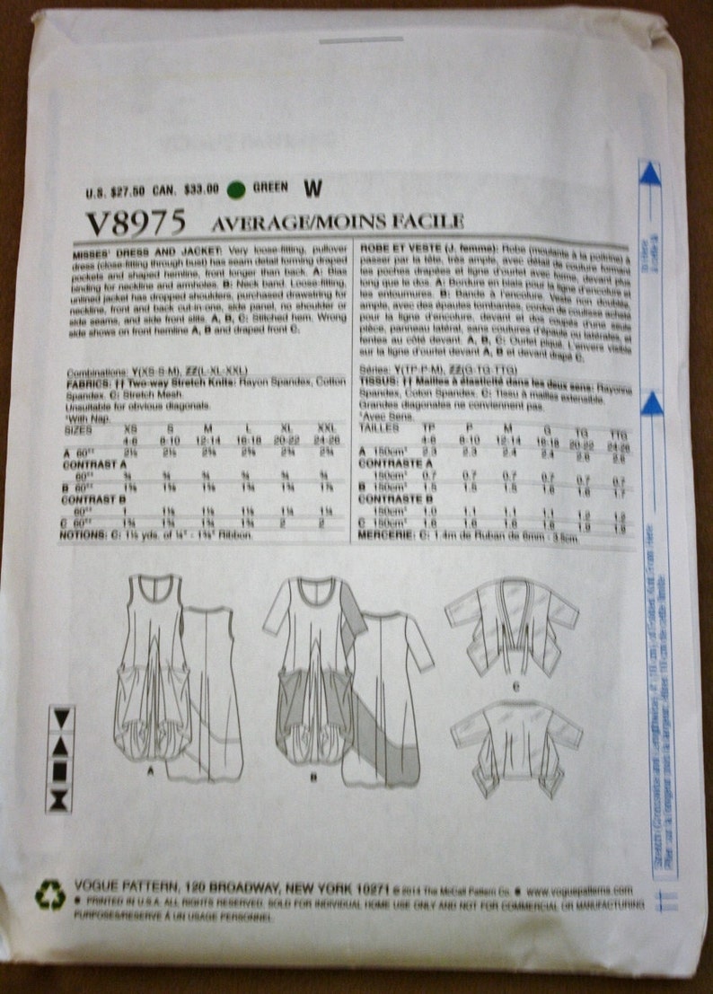 Womens Knit Dress and Jacket, Vogue Sewing Pattern V8975, UNCUT FF - Etsy