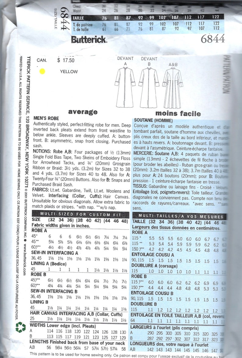 Butterick Pattern 6844 Priest Clergy Cassock Church Robe Uncut - Etsy