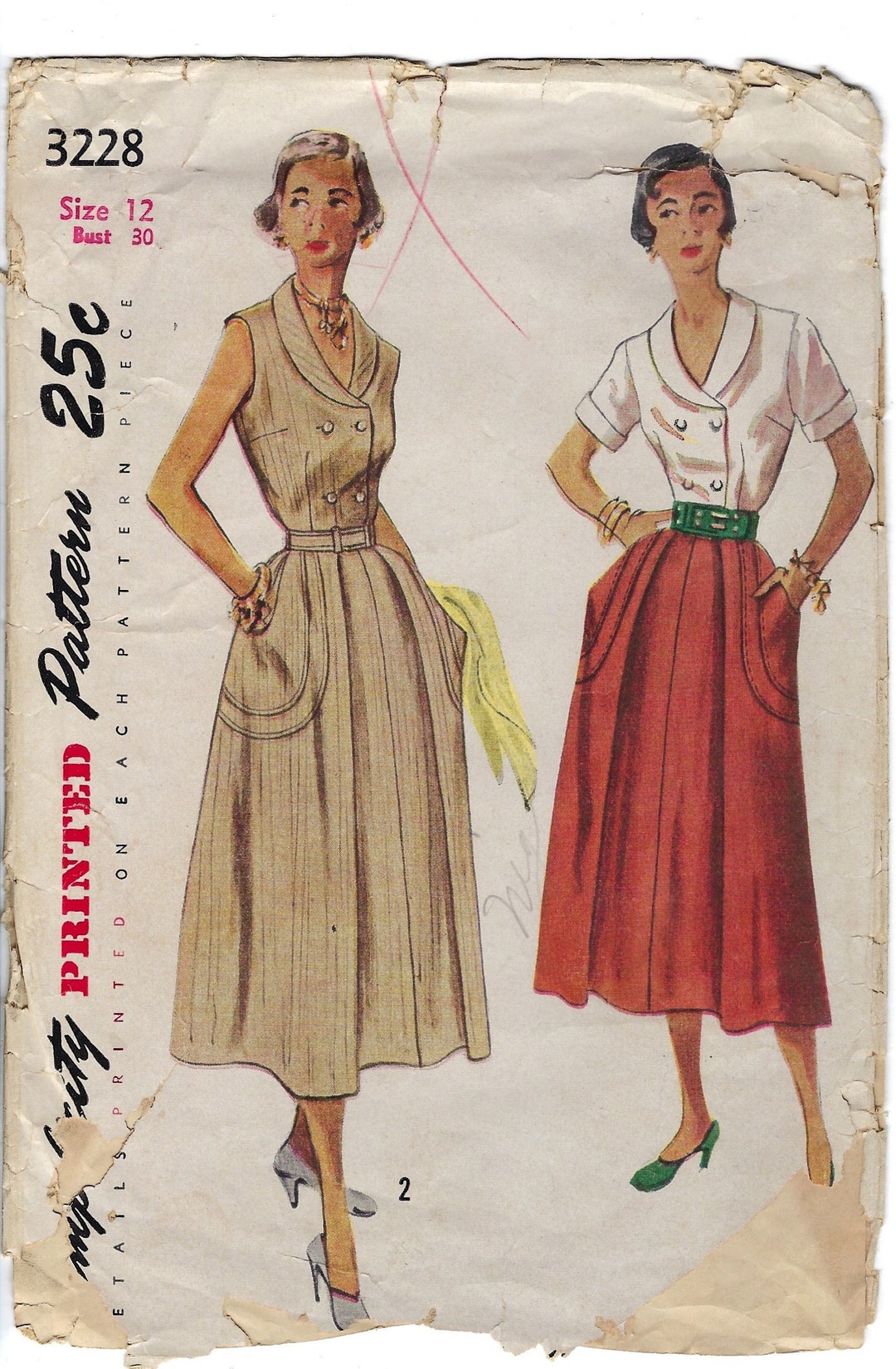 Simplicity 3228 1950s Softly Pleated Skirt and Double Breasted Blouse ...