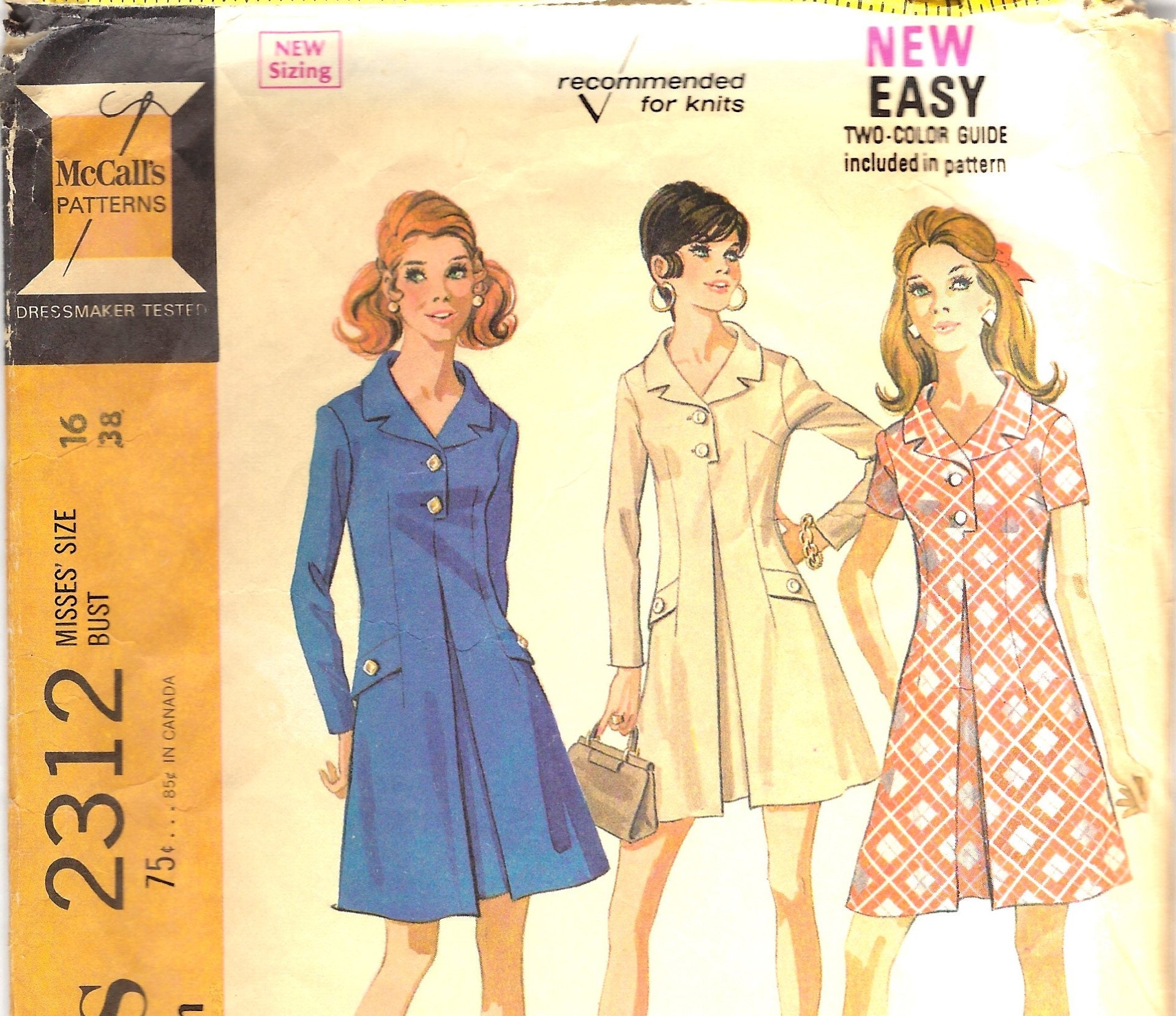 Mccalls 2312 70s Dress Sewing Pattern, Front Inverted Pleat, Size 16 ...